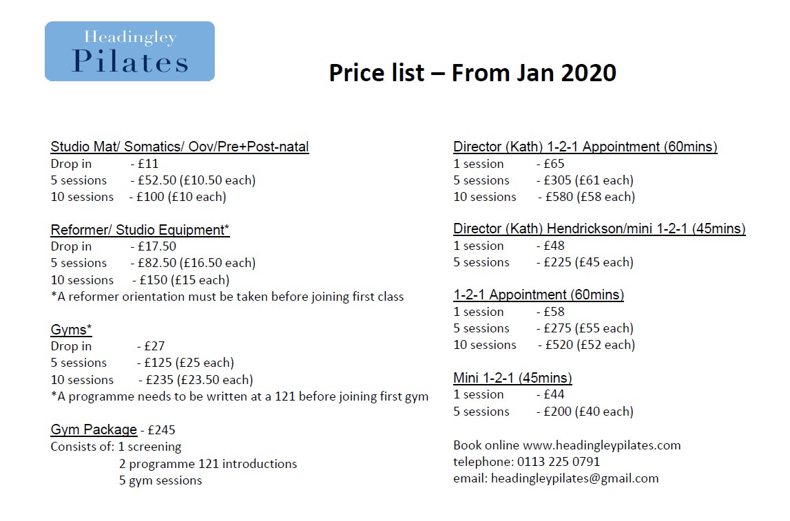 Price List Headingley Pilates